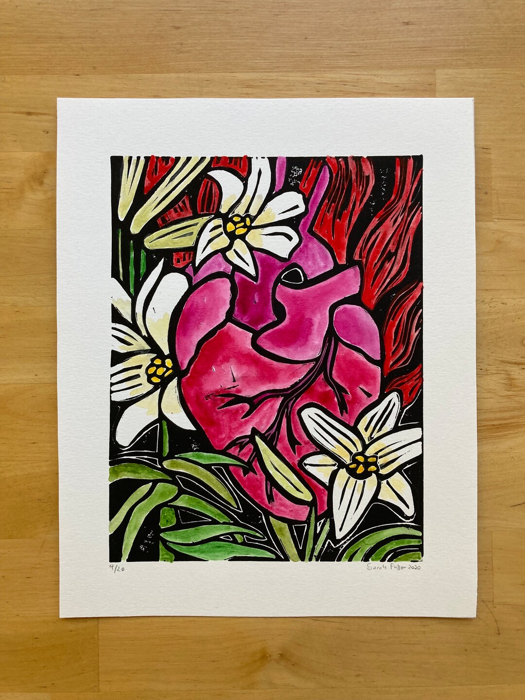 Chaste Heart of St. Joseph Linocut Print Hand-coloured With ...