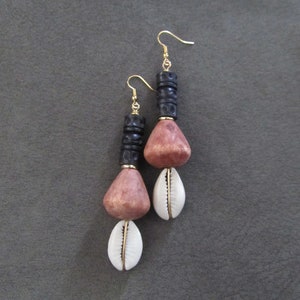 Long Carved Wooden and Cowrie Shell Earrings - Etsy