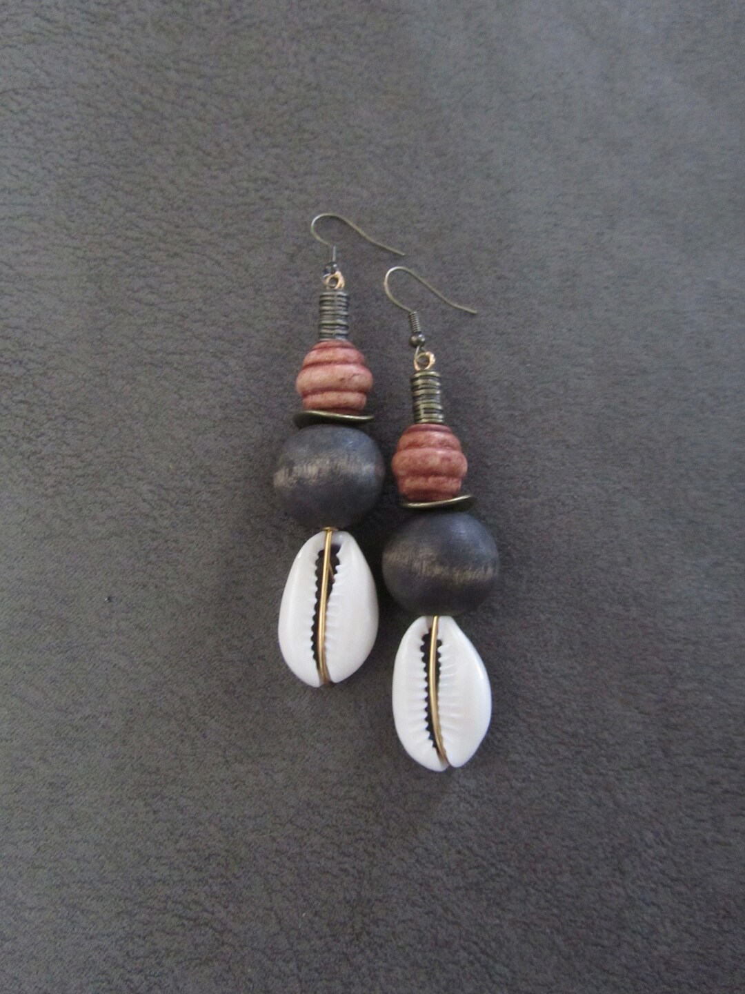 Chunky Wood and Cowrie Shell Earrings - Etsy