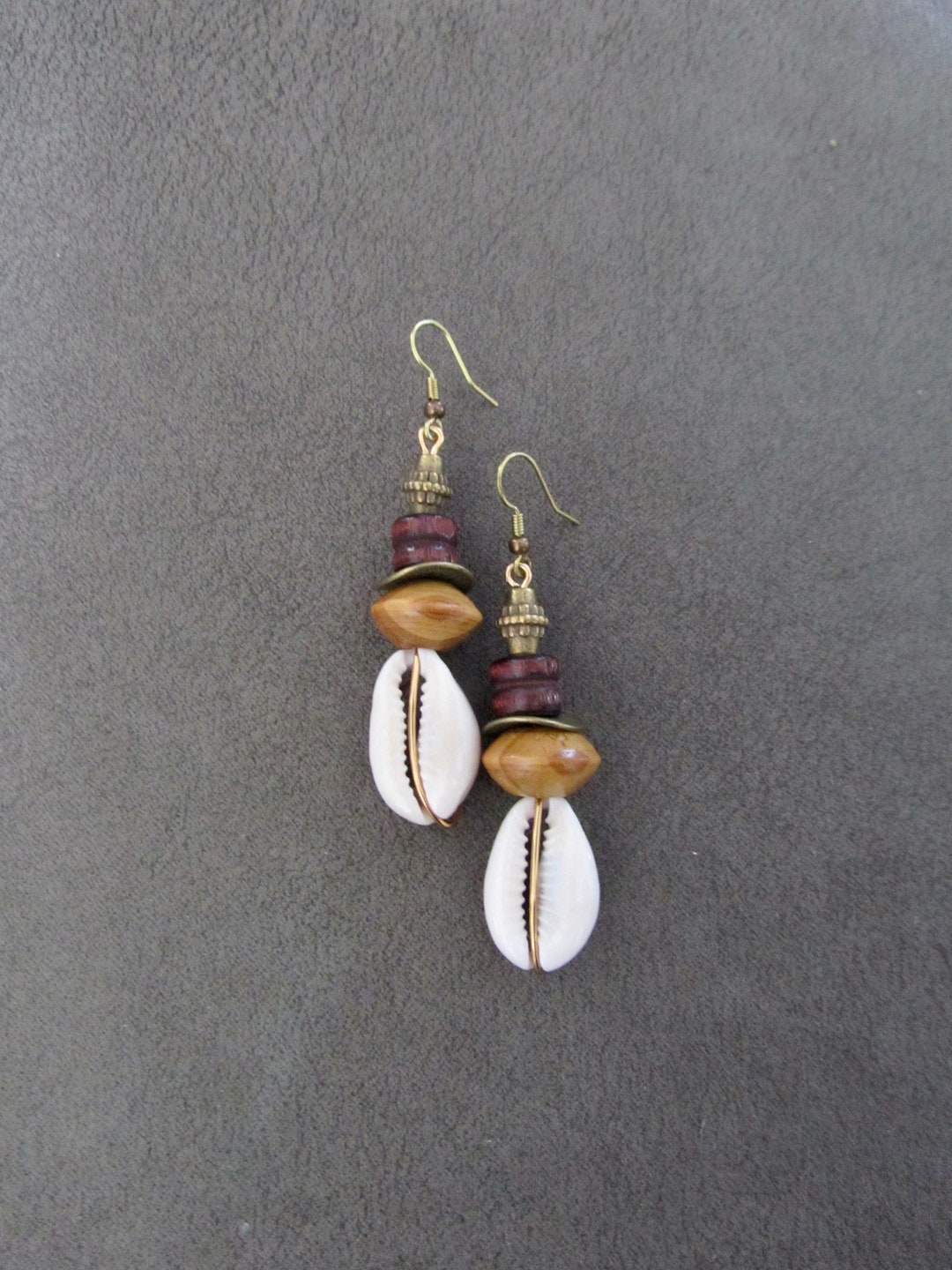 Chunky Wood and Cowrie Shell Earrings - Etsy