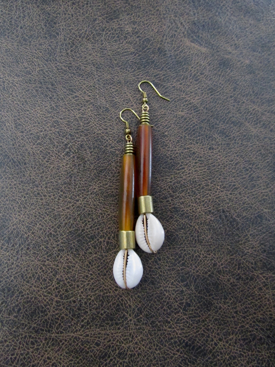 Long Orange Horn and Cowrie Shell Earrings - Etsy