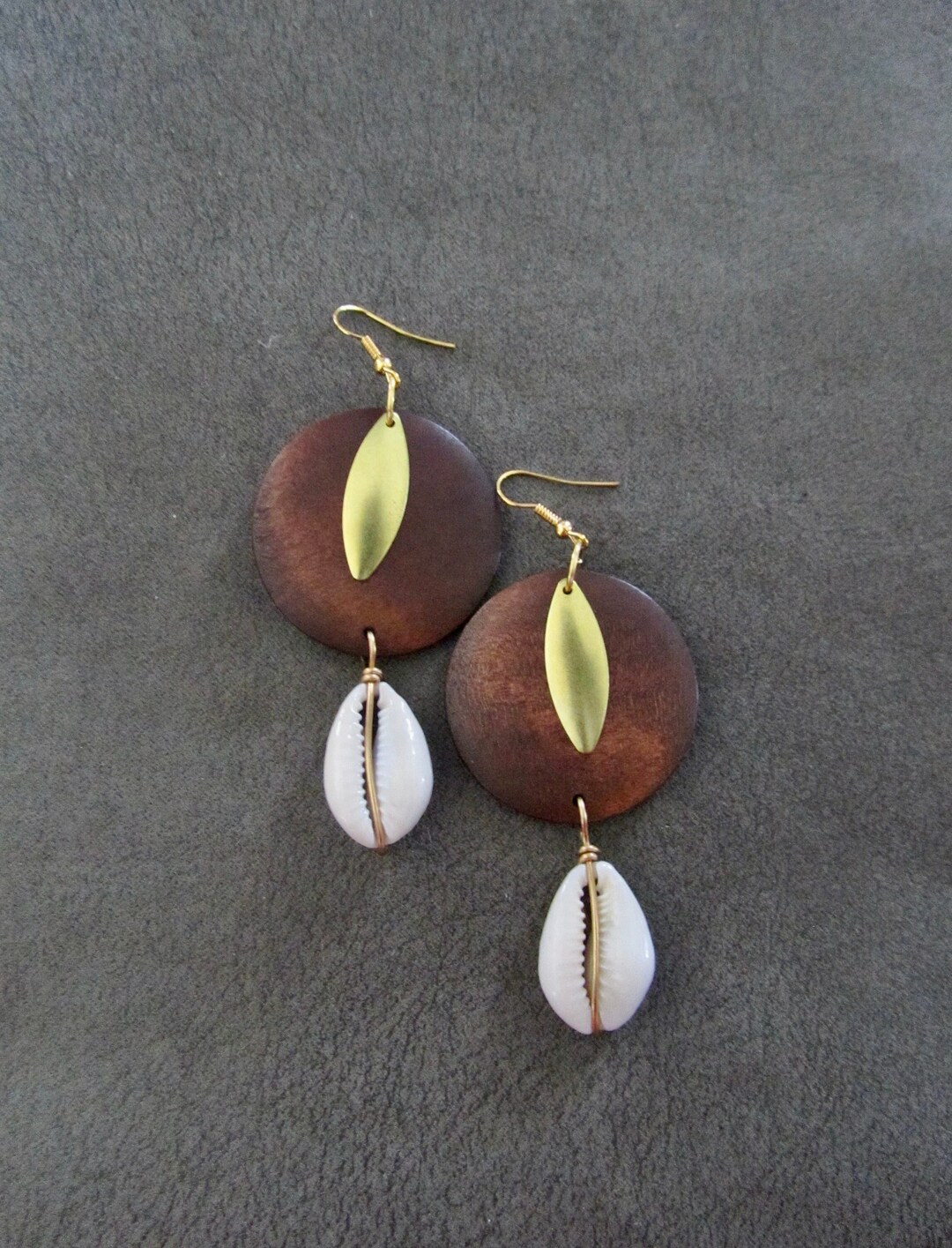 Large Wooden and Cowrie Shell Earrings - Etsy