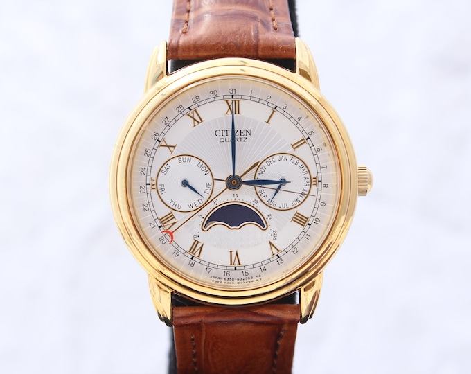 Vintage Mens Citizen Moon Phase Triple Calendar Day Date Quartz Watch ...