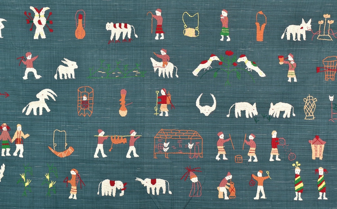 Dark Teal Cotton Story Quilt Naga Tribal Textile Ethnic Embroidered ...