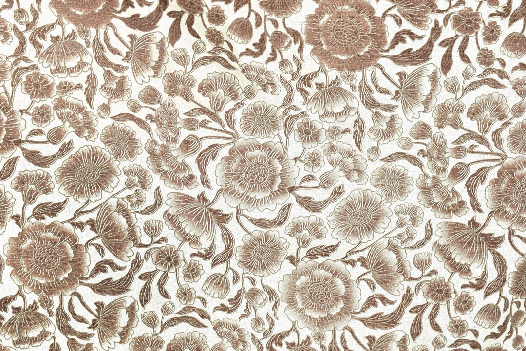 Unbleached Cotton Flower Print Fabric, Off-white Background, Brown ...