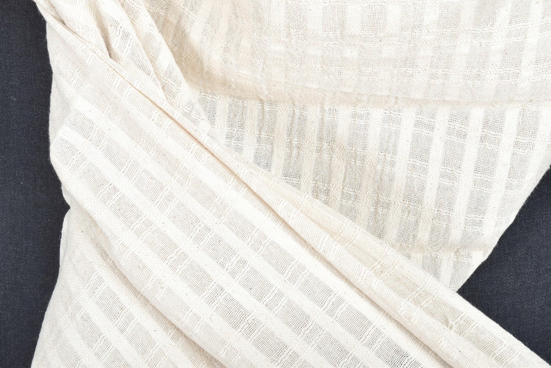 Neutral off White Unbleached Woven Cotton Fabric, Window Pane Pattern ...