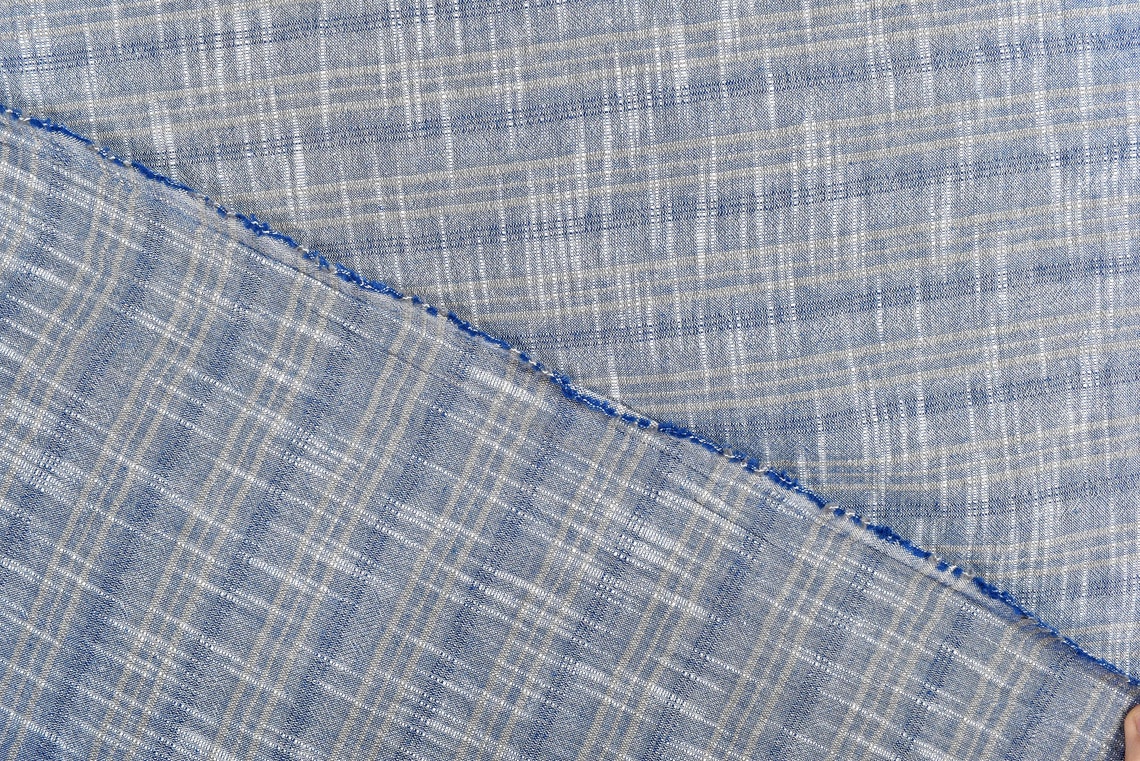 Blue Gray Striped Cotton Fabric, Lightweight Crepe, Thailand Sewing ...