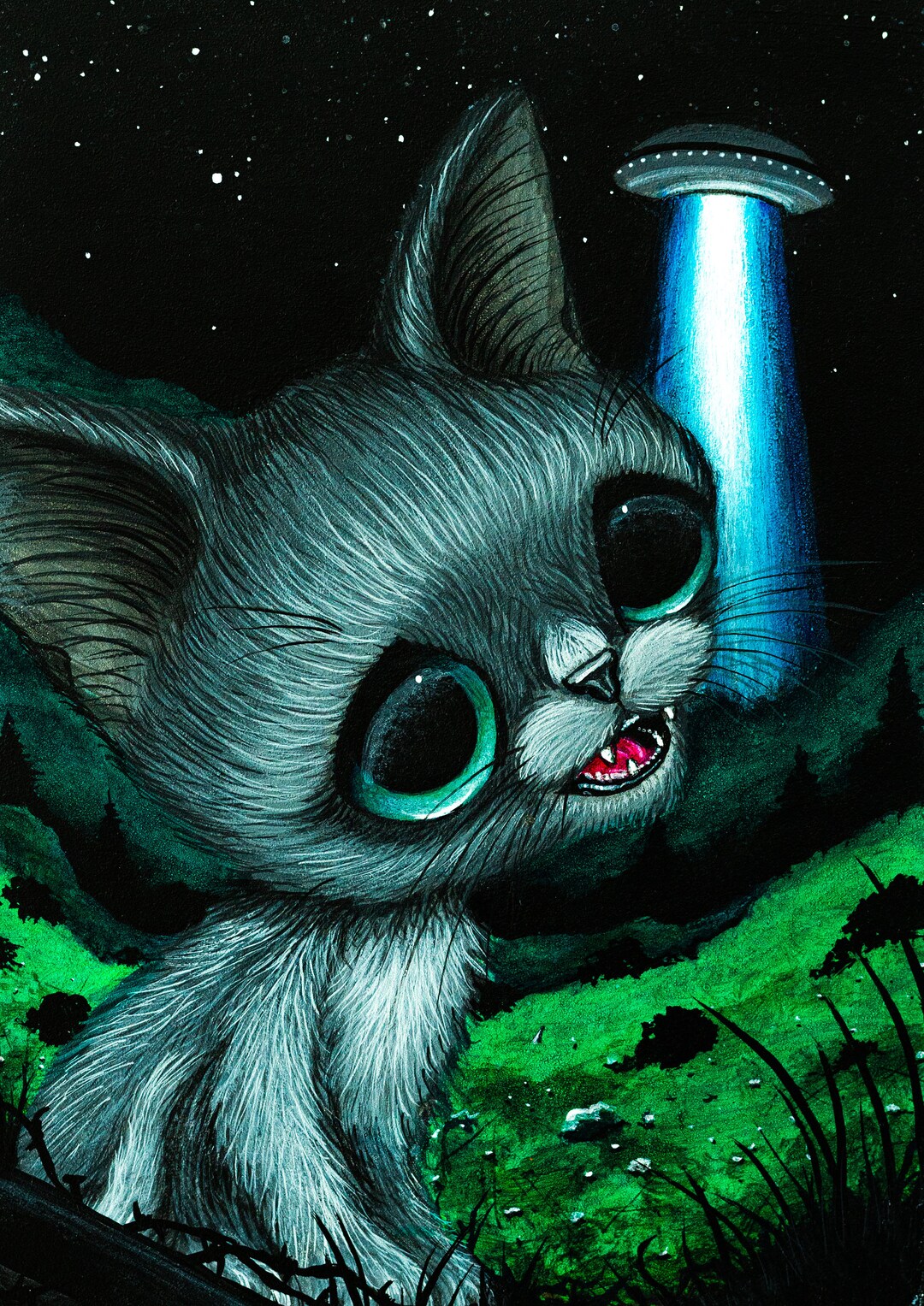 Gray Cat Art Print UFO Alien - Etsy