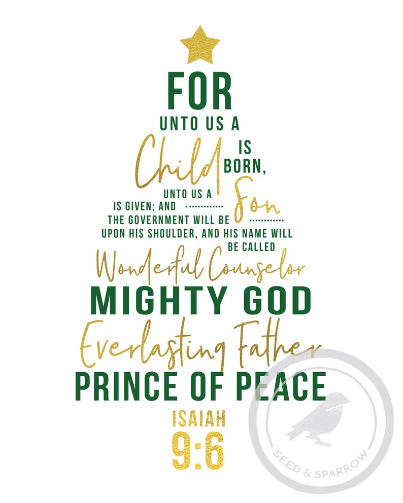 PRINTABLE - Isaiah 9:6 - for Unto Us a Child is Born - Green/gold Tree ...
