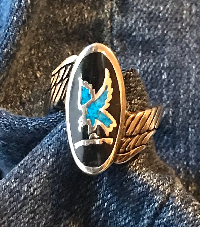 Silver Biker HD Turquoise Eagle Inlay Ring | Etsy