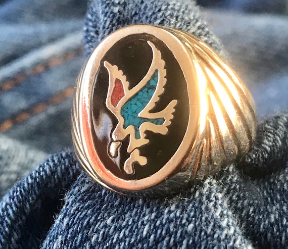 Silver Biker HD Turquoise Eagle Inlay Ring, 57% OFF
