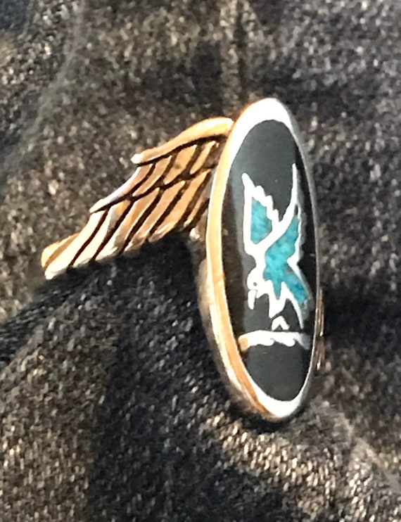 Silver Biker HD Turquoise Eagle Inlay Ring, 57% OFF