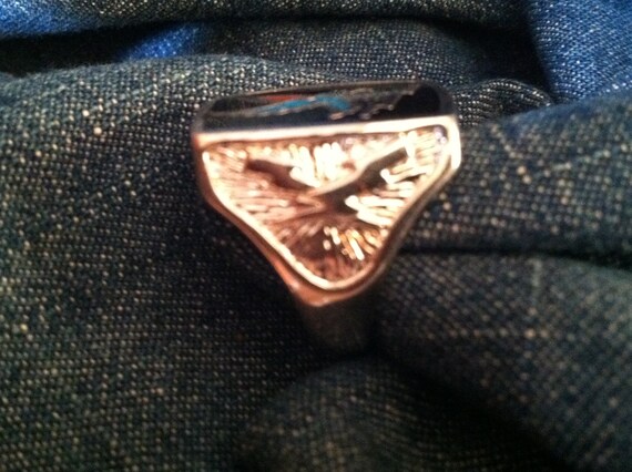 Silver HD Biker Eagle & Lightning Bolt Inlay Men's Ri… - Gem