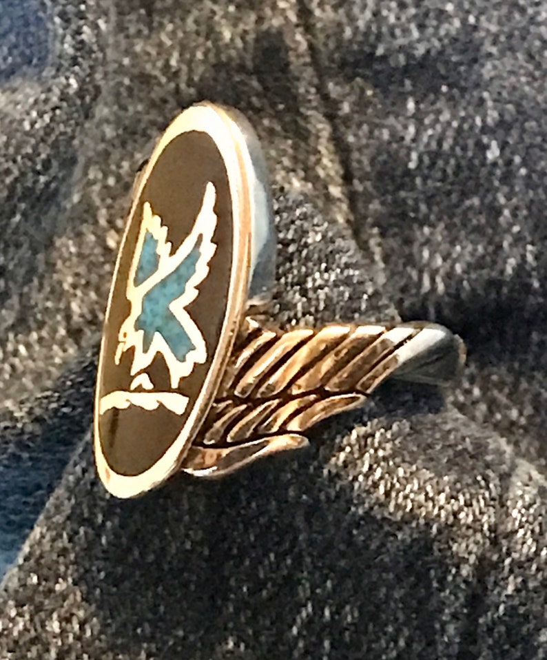 Silver Biker HD Turquoise Eagle Inlay Ring | Etsy