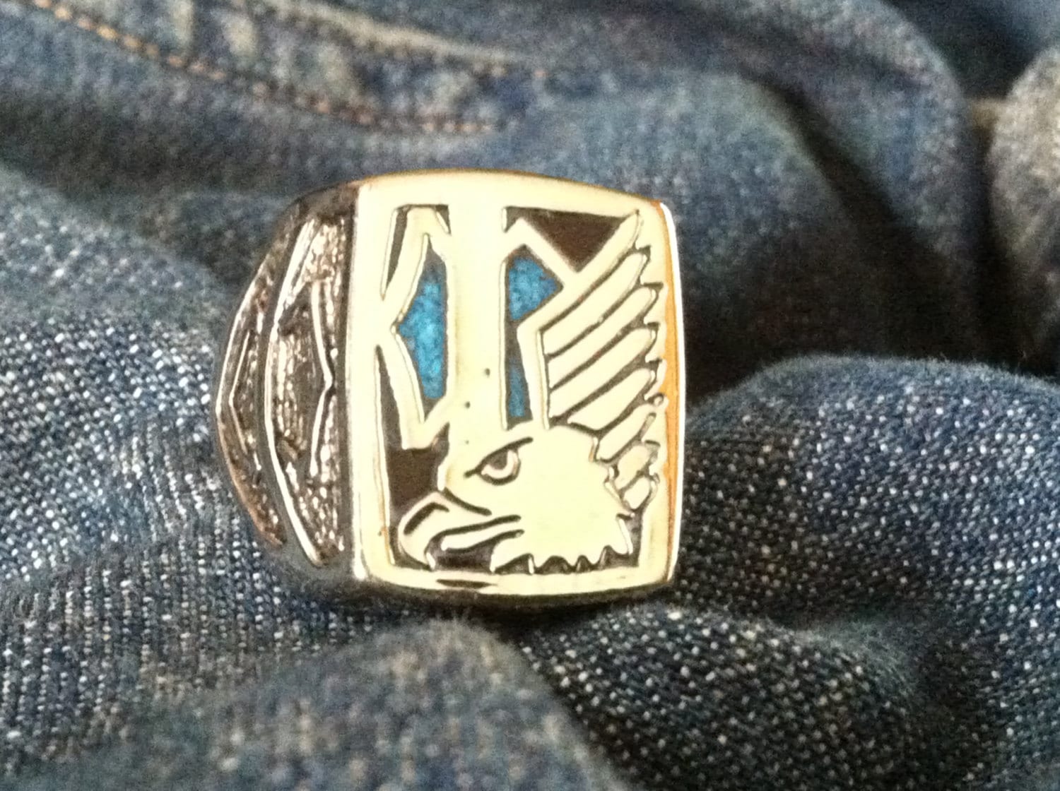 Silver HD Biker Eagle Wing Turquoise Shield Men s Ring