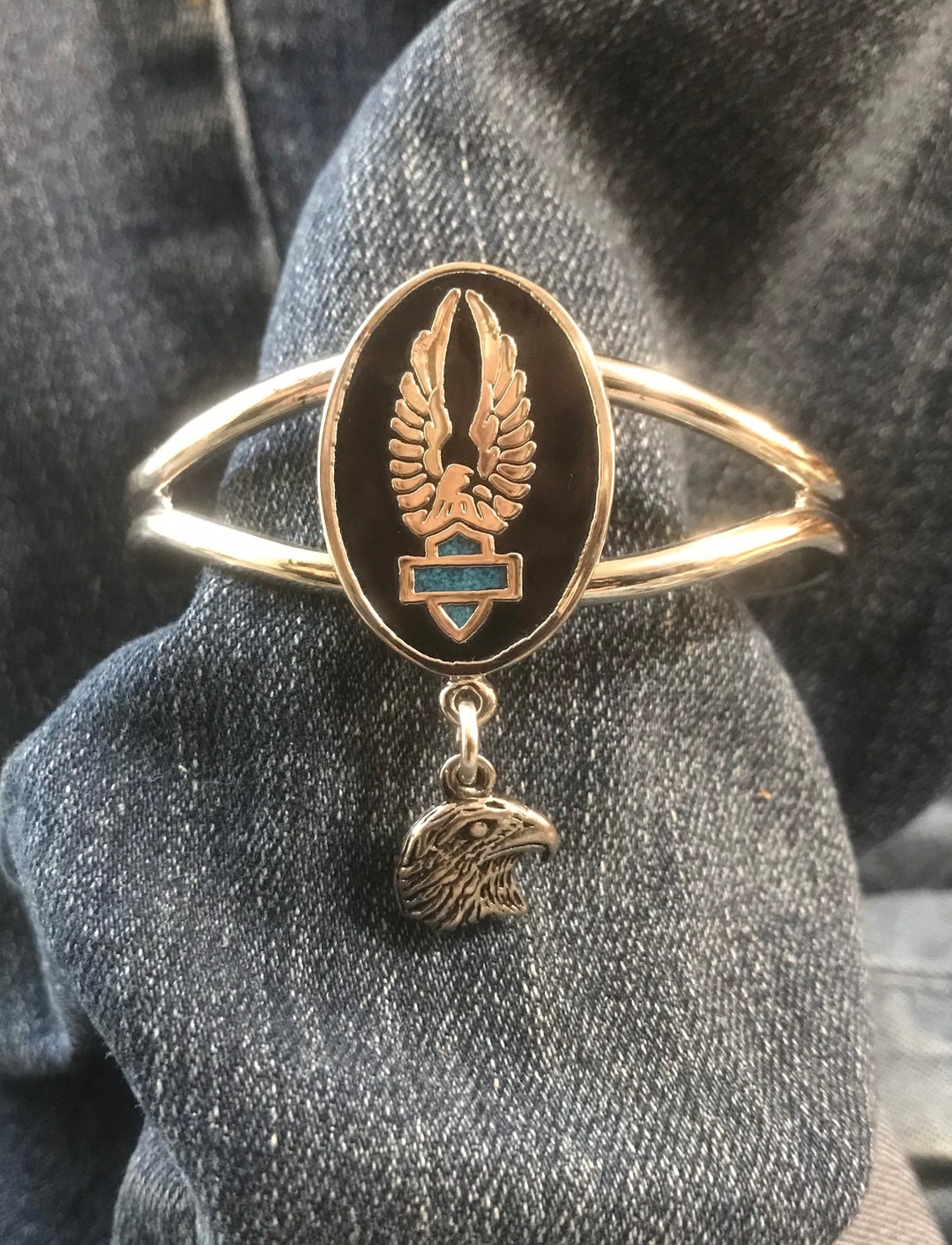 Silver Eagle & HD Shield W/ Turquoise Inlay Bracelet - Etsy