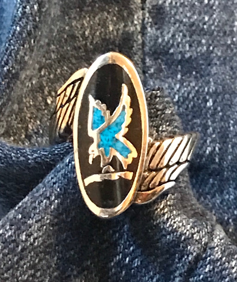 Silver Biker HD Turquoise Eagle Inlay Ring | Etsy