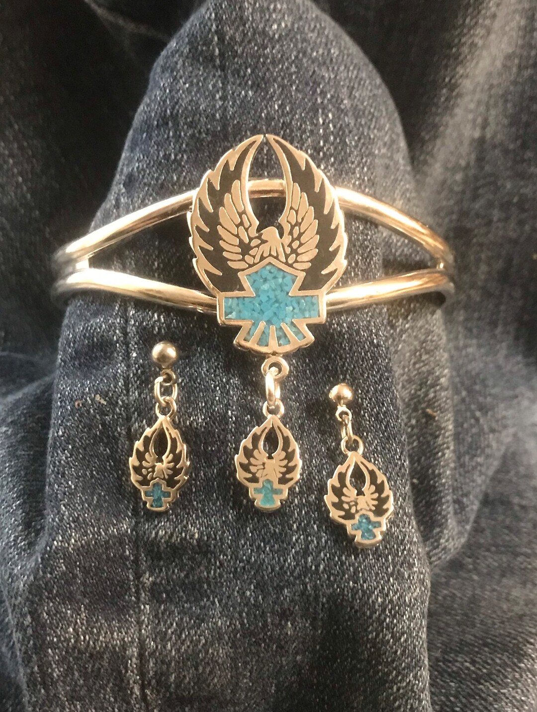 Silver Eagle & HD Shield W/ Turquoise Inlay Bracelet/ Earrings Set - Etsy