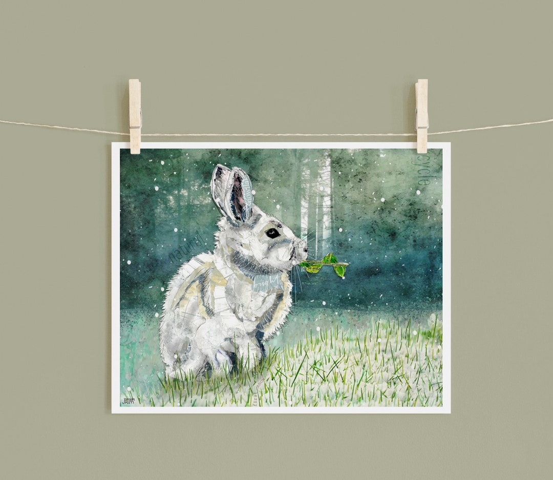 8x10 Art Print of a Mixed Media Collage of a Snowshoe Hare in the First ...