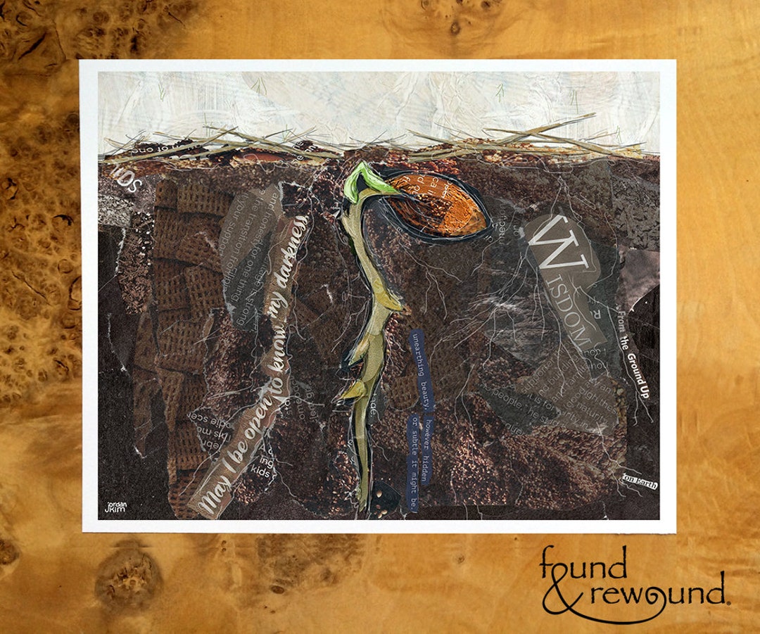 8x10 Art Print of a Mixed Media Collage of an Acorn Sprouting ...