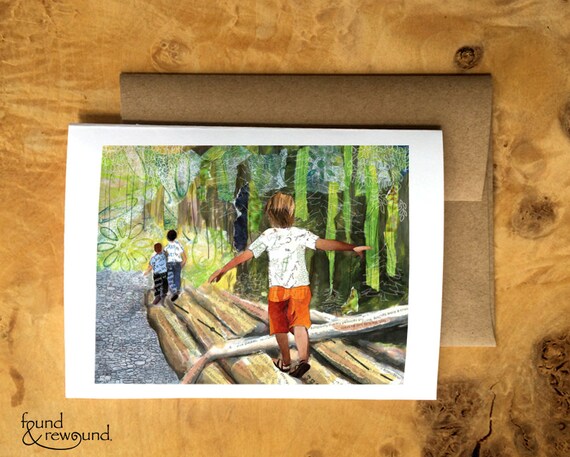 Greeting Card of a Paper Collage of Kids Balancing on Logs | Etsy