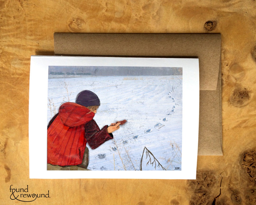 Winter Snow Scene Greeting Card: Woman, Fox Fur, Footprints - Blank ...