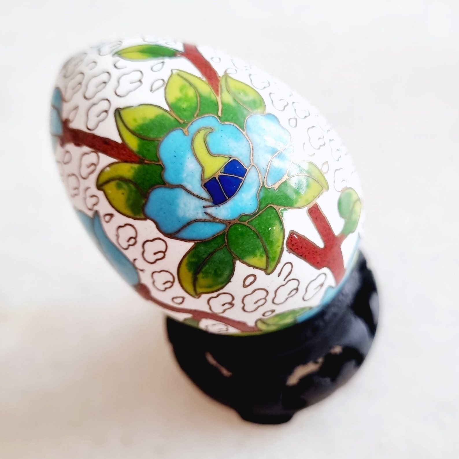 Vintage White Cloisonné Ornamental Egg | Wooden Stand | Embellished ...