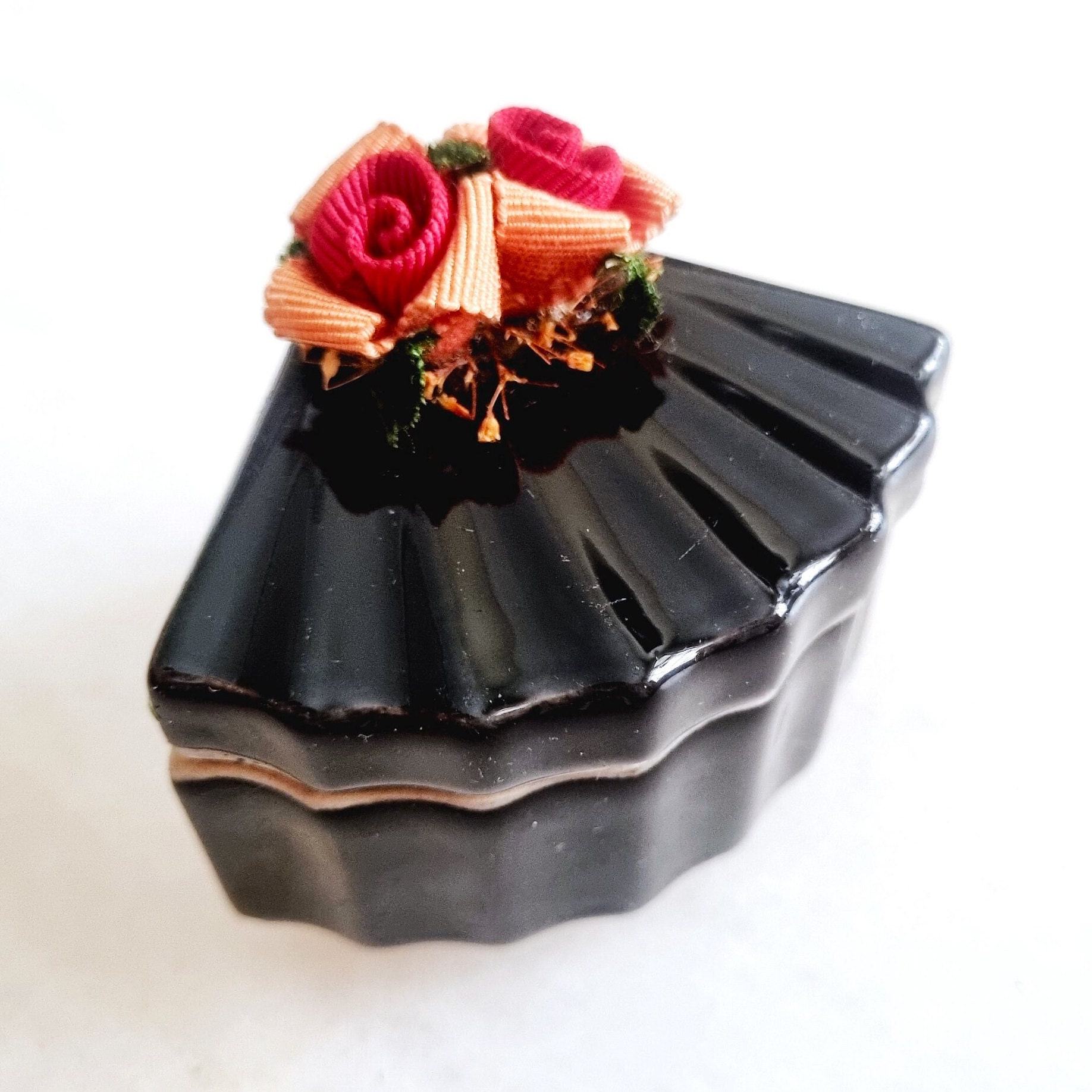 Vintage Jet Black Roses Glazed Clay Fan Shaped Trinket Box Dainty ...
