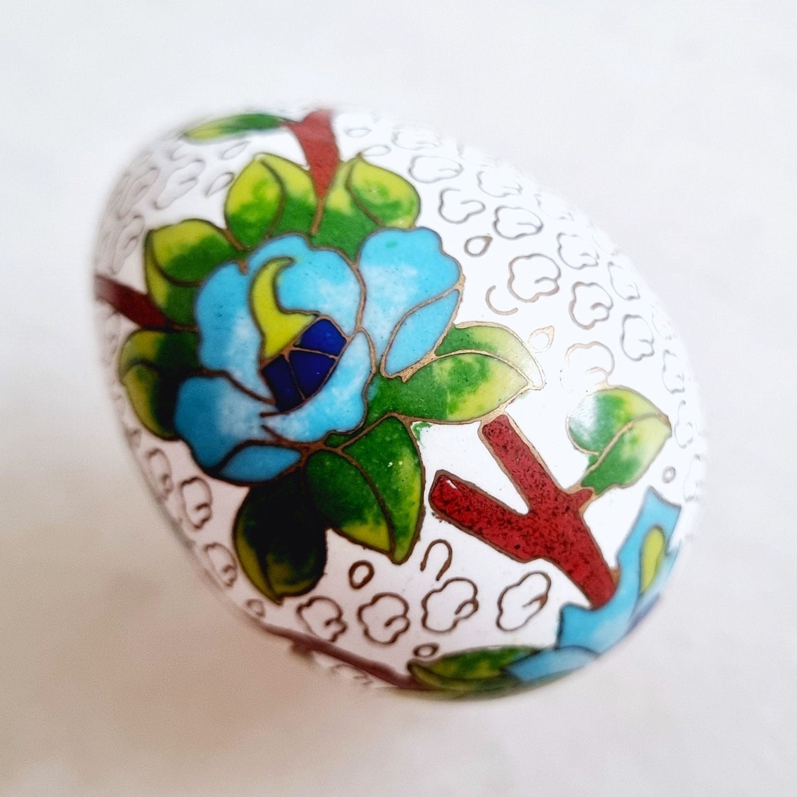 Vintage White Cloisonné Ornamental Egg | Wooden Stand | Embellished ...