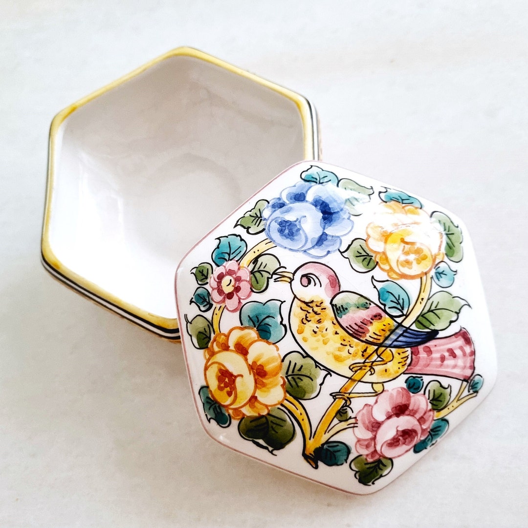 Vintage Hand Painted Floral Bird Octagon Shaped Trinket Box | Dainty ...