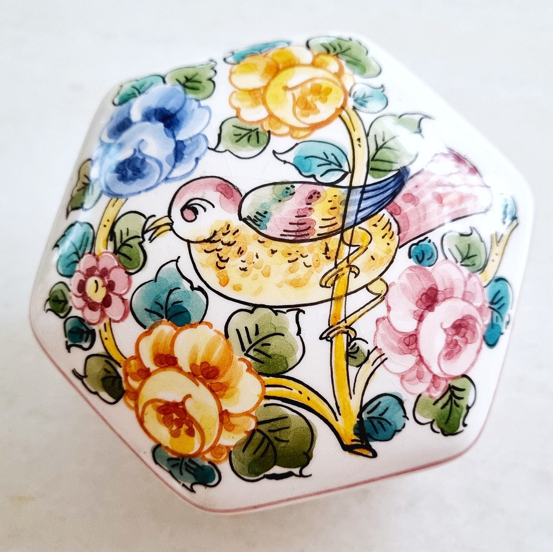 Vintage Hand Painted Floral Bird Octagon Shaped Trinket Box Dainty ...