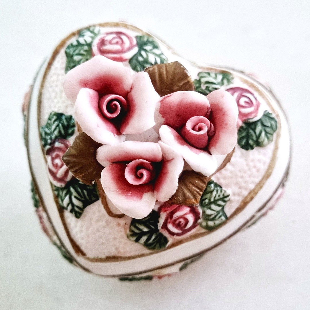Vintage Rose Capodimonte Trinket Box Hand Crafted Circular Round ...