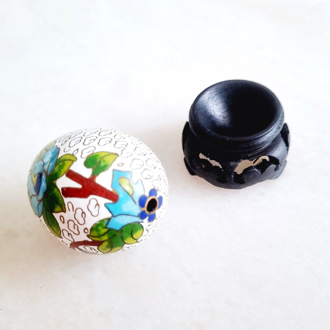 Vintage White Cloisonné Ornamental Egg | Wooden Stand | Embellished ...