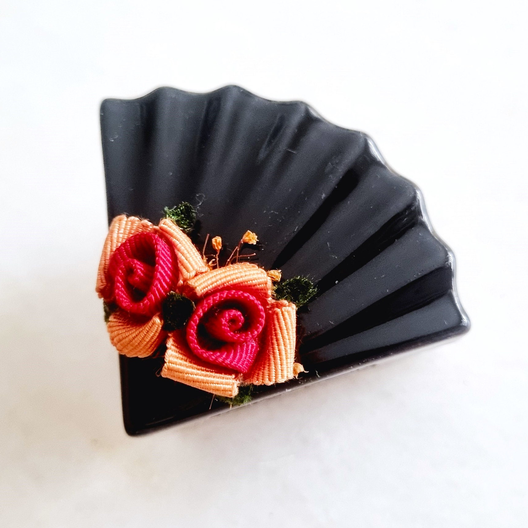 Vintage Jet Black Roses Glazed Clay Fan Shaped Trinket Box Dainty ...