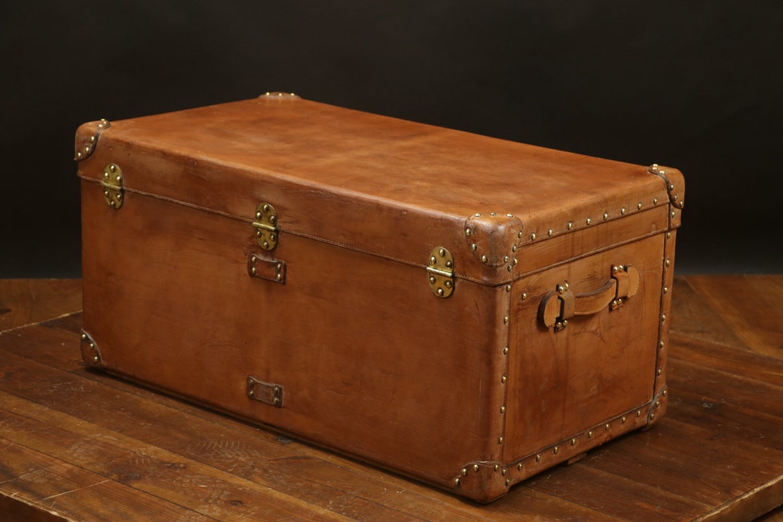 Steamer Trunk, All Leather and Brass, With Fichet Locks - Etsy