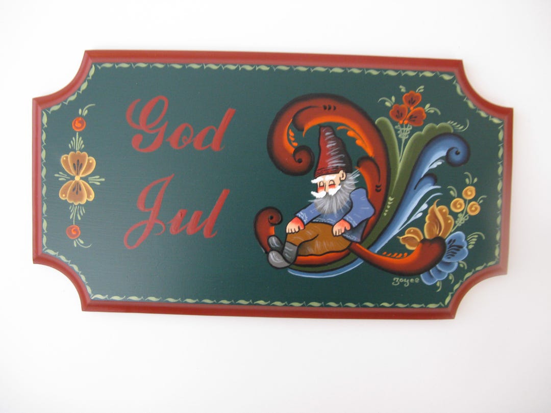 Norwegian Rosemaling God Jul Sign With Nisse - Etsy