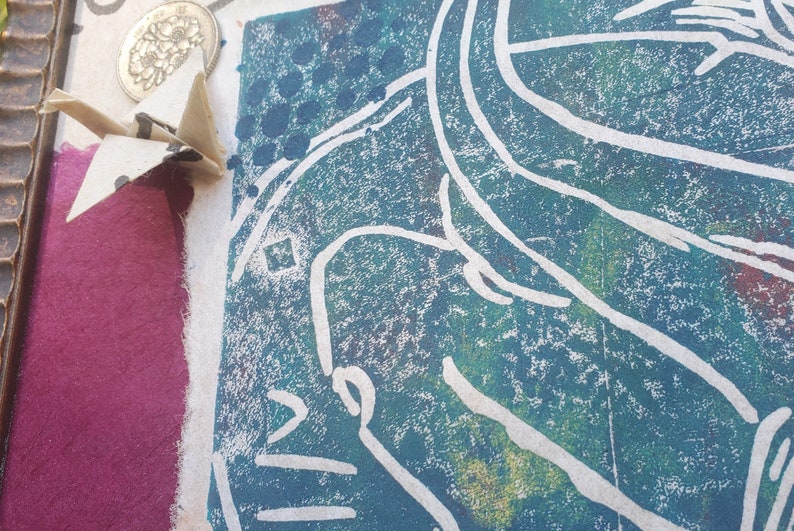Koi Fish With Lily Pad Linoleum Block Print With Origami Crane and Coin ...