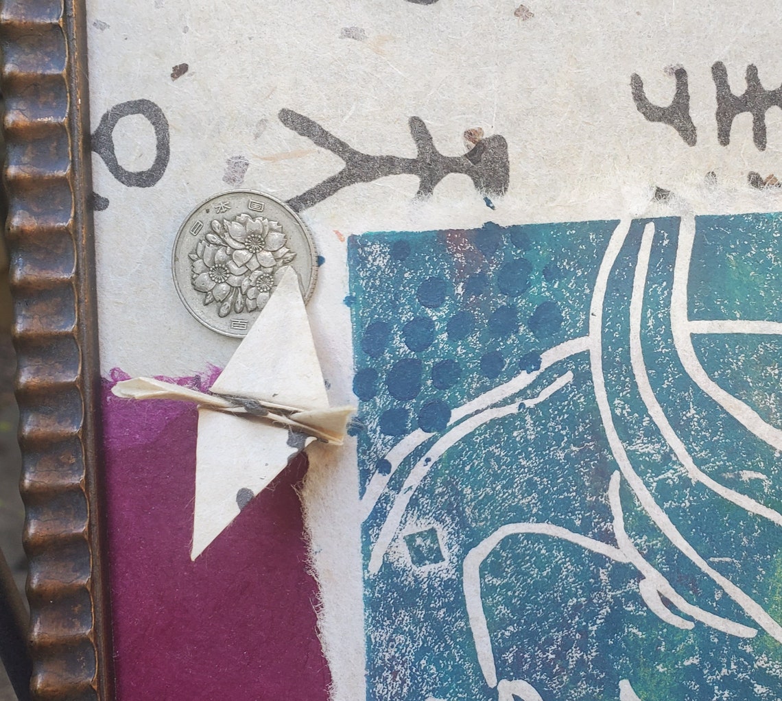 Koi Fish With Lily Pad Linoleum Block Print With Origami Crane and Coin ...