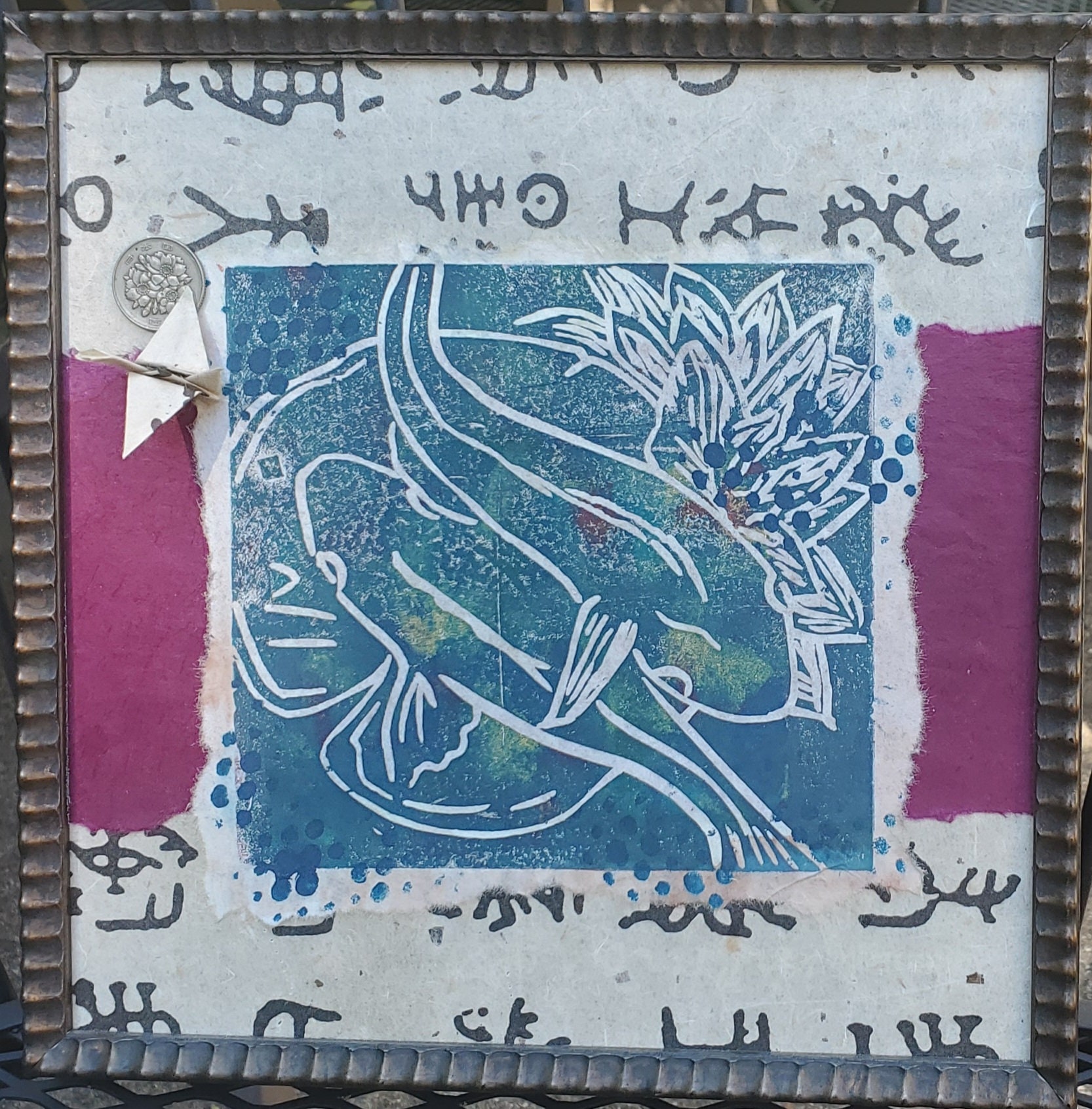Koi Fish With Lily Pad Linoleum Block Print With Origami Crane and Coin ...