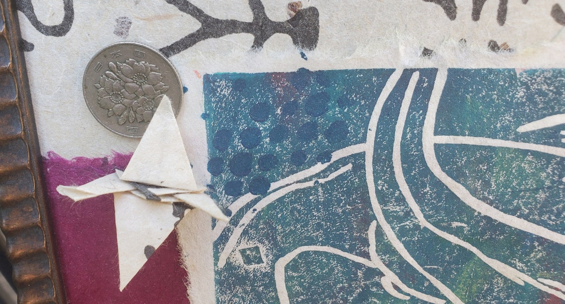 Koi Fish With Lily Pad Linoleum Block Print With Origami Crane and Coin ...