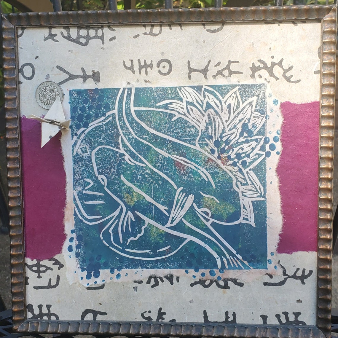 Koi Fish With Lily Pad Linoleum Block Print With Origami Crane and Coin ...