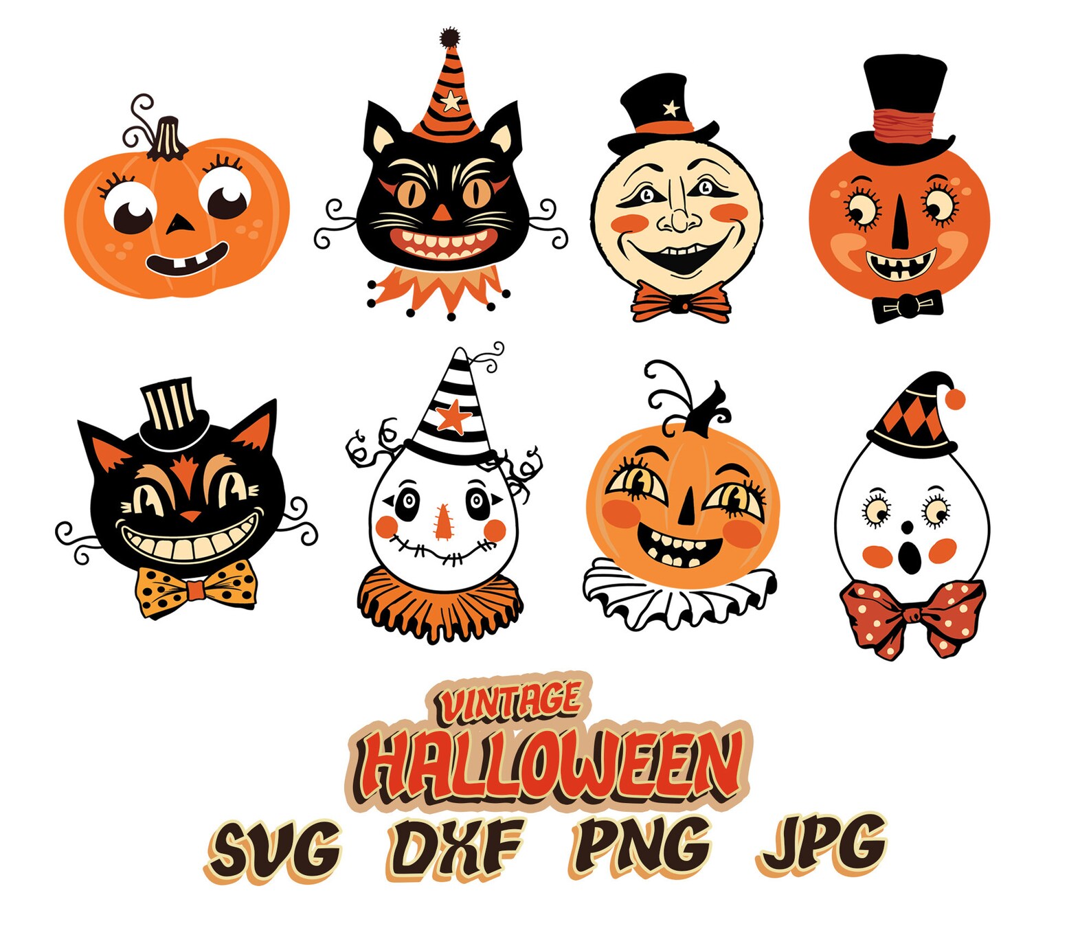 Vintage Halloween Clipart: Pumpkin, Cat, Ghost SVG PNG JPG - Etsy