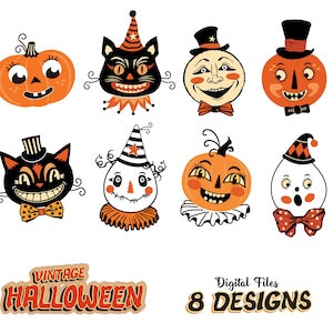 Vintage Halloween Clipart: Pumpkin, Cat, Ghost SVG PNG JPG - Etsy