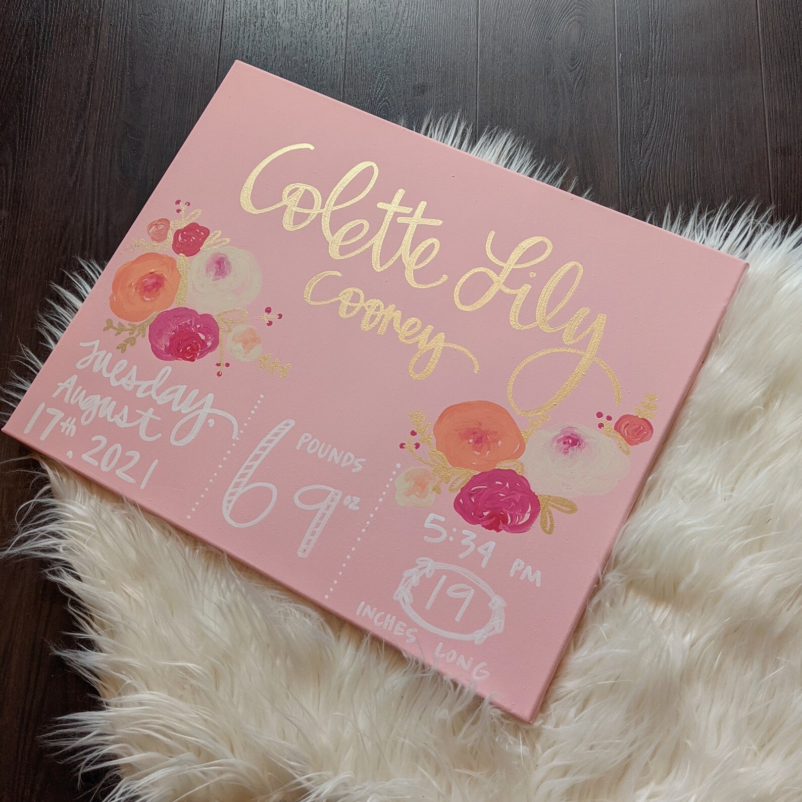 Pink Floral Baby Name Birth Stat Sign Canvas Wall Art | Custom ...