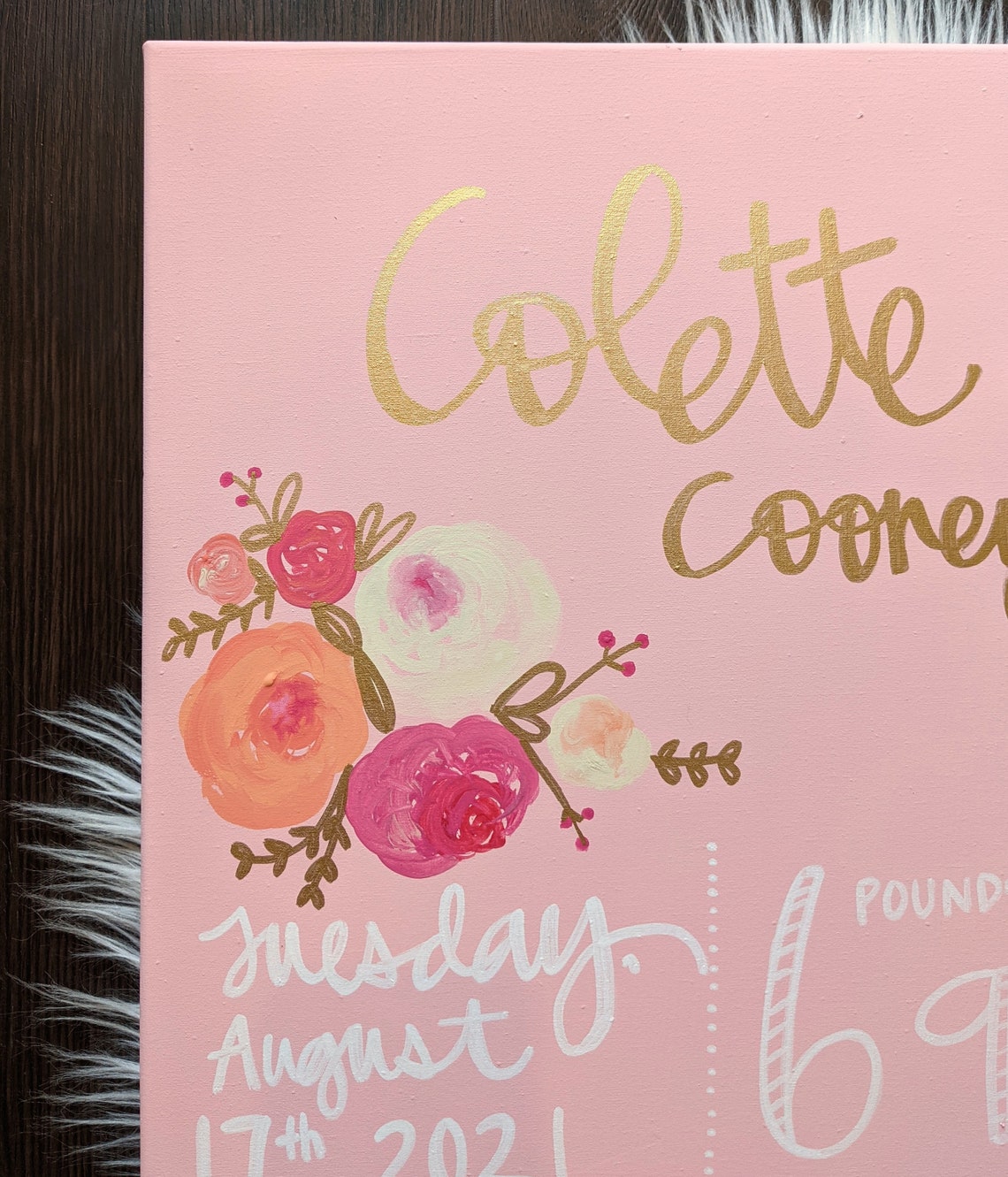 Pink Floral Baby Name Birth Stat Sign Canvas Wall Art | Custom ...