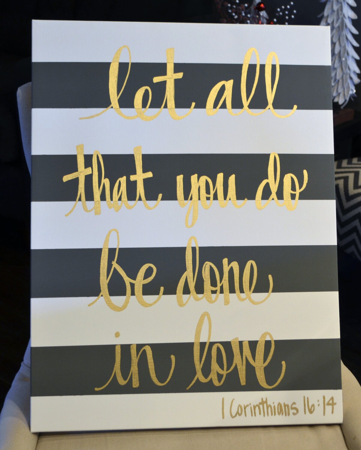 Striped Quote Wall Art Canvas Sign | Gold Bible Verse Wall Art Sign ...