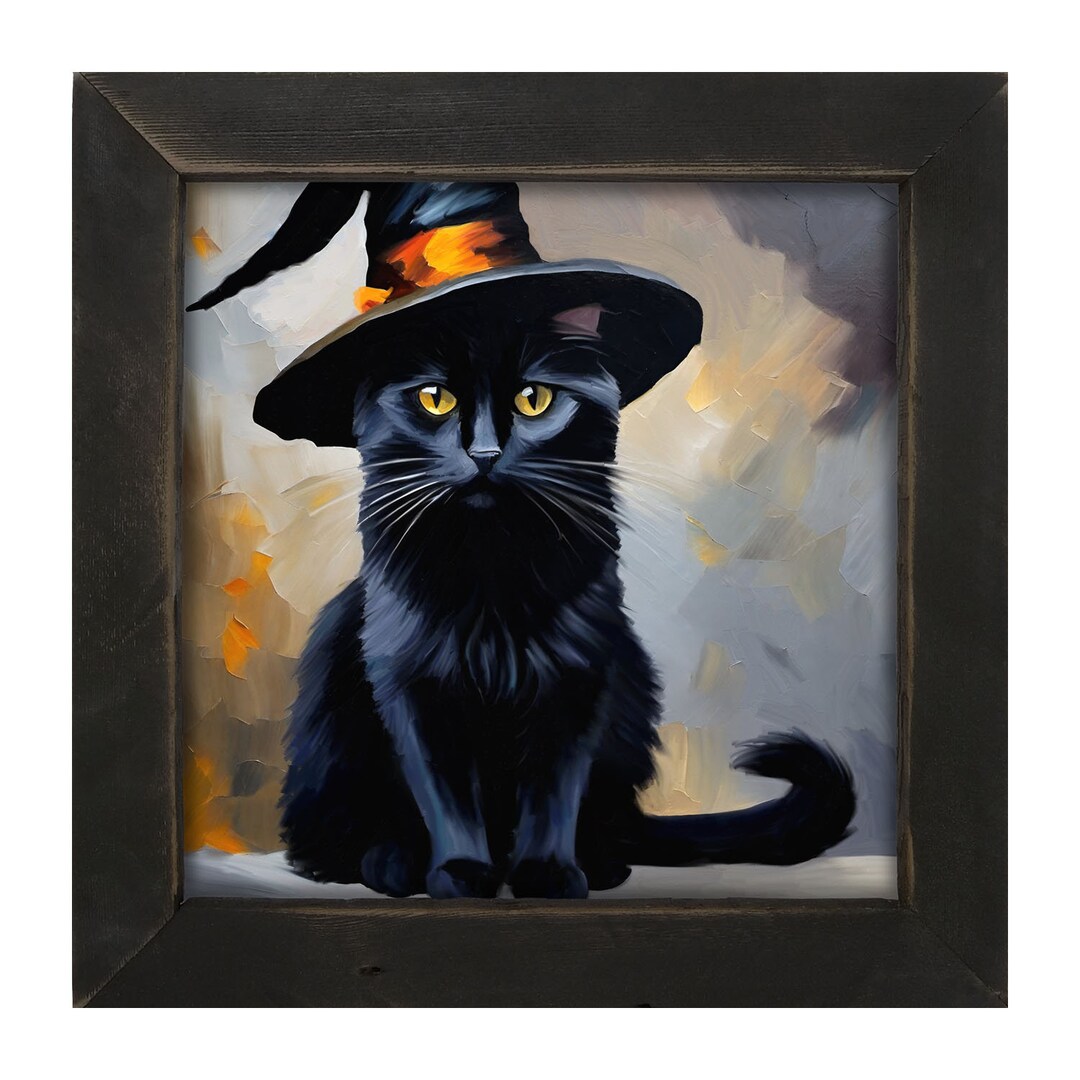 Black Cat With Witches Hat painting: framed Print Spooky Black Cat ...