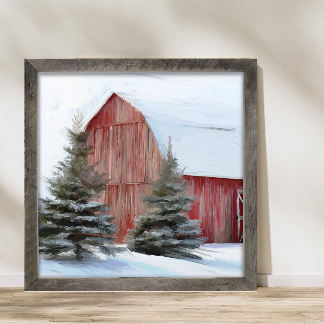 Winter Barn Nestled in Amongst Pine Trees Print framed Print Winter ...