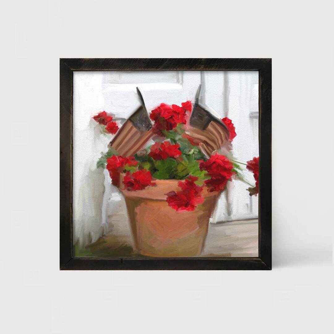 Geraniums With Flags: [framed Print] Summer Garden Decor, Perfect Red ...