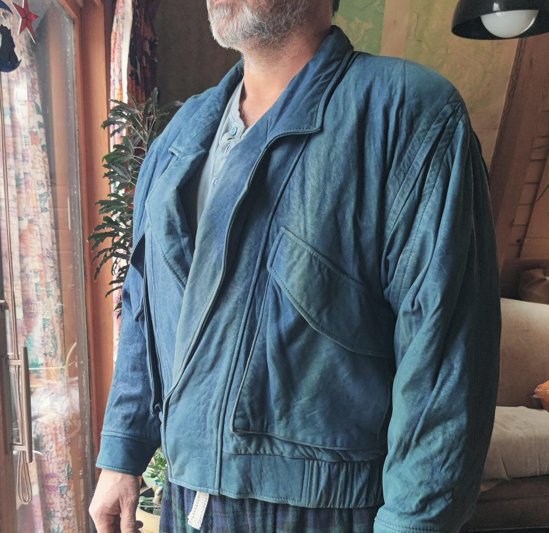 80s Mens 42 L Leather Biker Bomber Moto Jacket Teal Turquoise ...